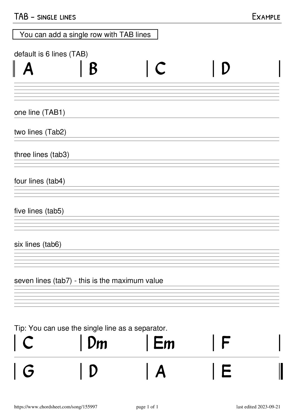 TAB - single lines · Example · PNG Preview· Chord Sheet Maker Online