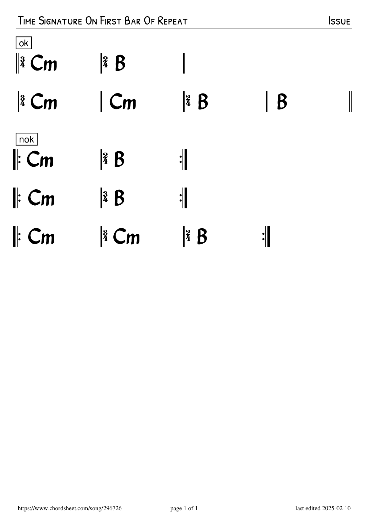 Time Signature On First Bar Of Repeat · Issue · PNG Preview· Chord Sheet Maker Online