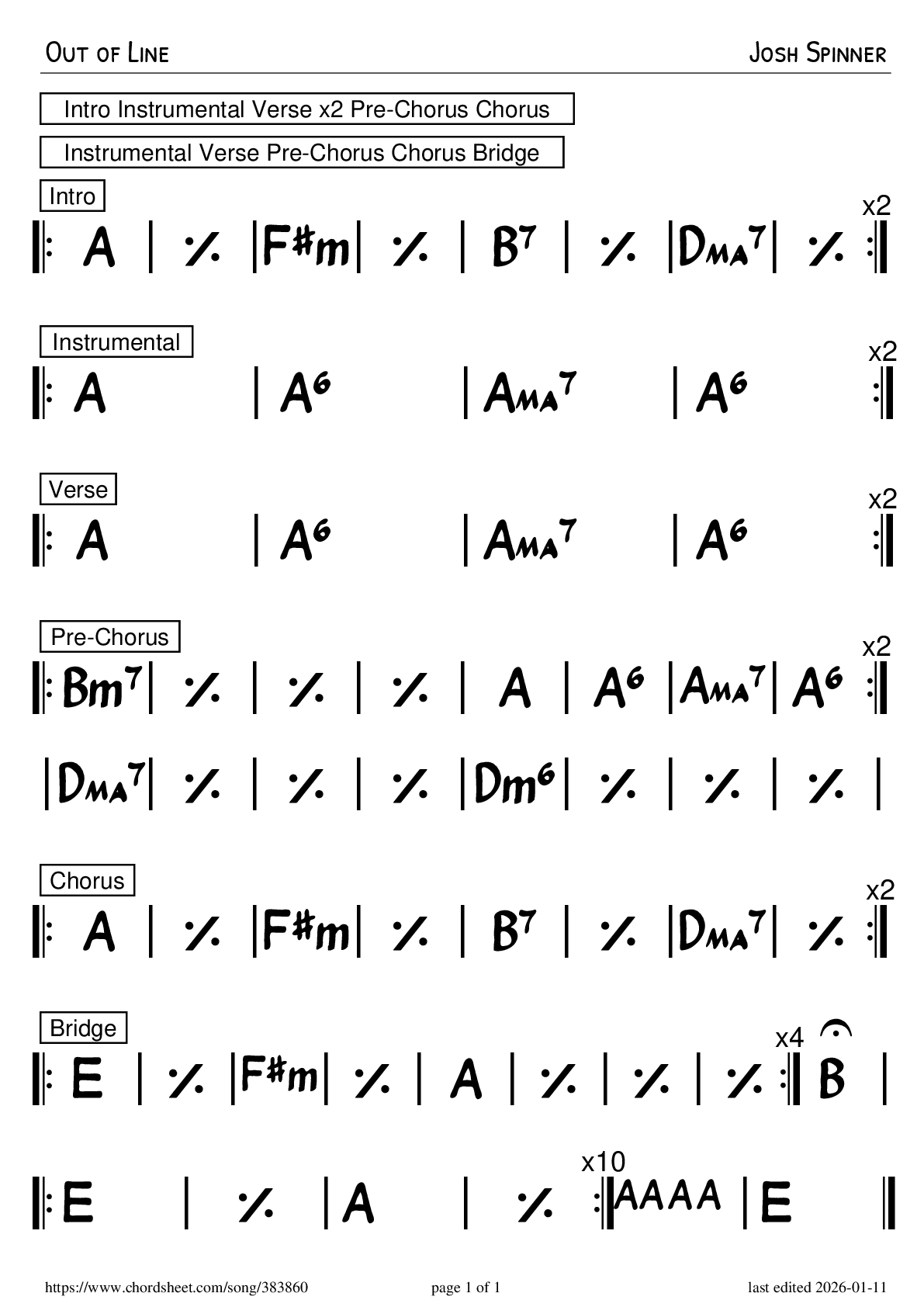 Out of Line · Josh Spinner · PNG Preview· Chord Sheet Maker Online